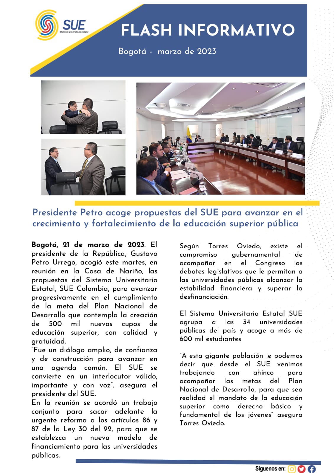 Presidente Petro acoge propuestas del SUE